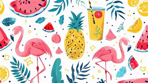 Vibrant Summer Pattern With Watermelon Flamingo And Holiday Elements