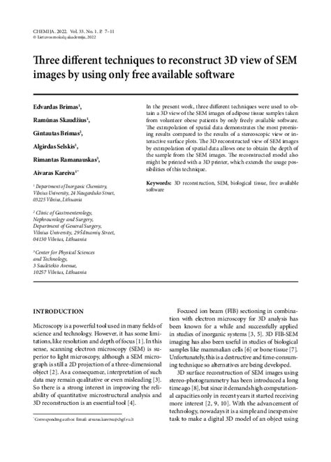 Pdf Three Different Techniques To Reconstruct 3d View Of Sem Images By Using Only Free