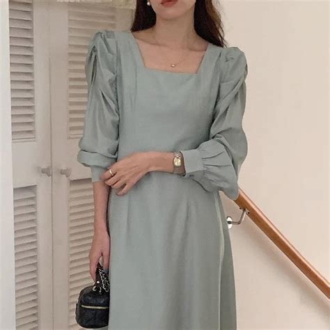 달폭스 스퀘어넥 퍼프소매 봄 가을 롱 하객룩 모임룩 원피스 하늘색 베이지 D 93