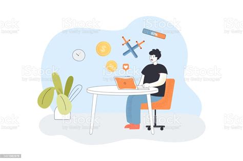 책상에 앉아 온라인 플랫 벡터 일러스트 레이 션을 도박하는 소년 Brand Name Video Game에 대한 스톡 벡터 아트 및 기타 이미지 Brand Name