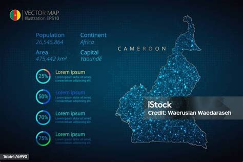 카메룬 지도 인포그래픽 벡터 템플릿은 파란색 배경에 추상적인 기하학적 메쉬 다각형 조명 개념을 가지고 있다 다이어그램 그래프 프리젠테이션 및 차트를 위한 템플릿 0명에 대한