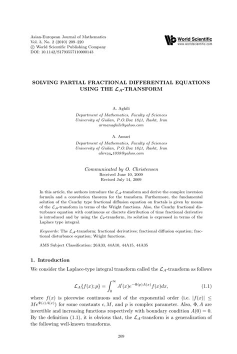 Pdf Solving Partial Fractional Differential Equations Using The L A