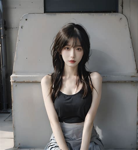 검은 상의를 입고 벤치에 앉아 있는 여자의 클로즈업 Seaart Ai