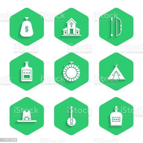 매점 물병 밴조 알코올 음료 럼 인도 천막 또는 Wigwam 서양 카우보이 모자 위스키 활과 화살 떨림과 돈 가방 아이콘을 설정합니다 벡터 0명에 대한 스톡 벡터 아트 및