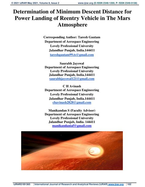 Pdf Determination Of Minimum Descent Distance For Power Landing Of Reentry Vehicle In The Mars