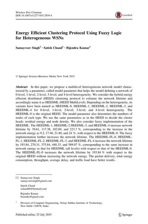 Pdf Energy Efficient Clustering Protocol Using Fuzzy Logic For Heterogeneous Wsns