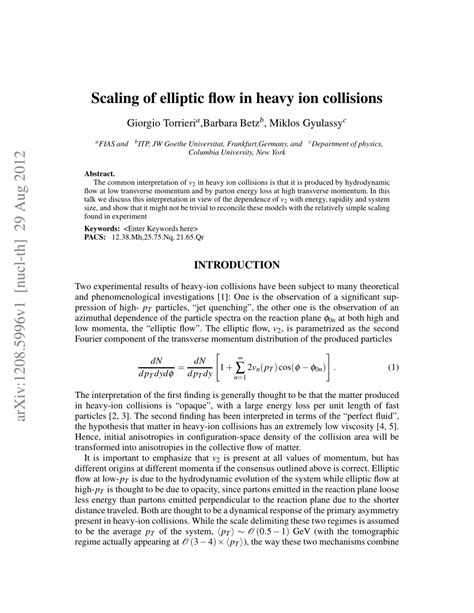 Pdf Scaling Of Elliptic Flow In Heavy Ion Collisions