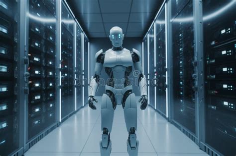 3d Rendering Humanoid Robot Working In A Server Room Or Data Center Stock Illustration