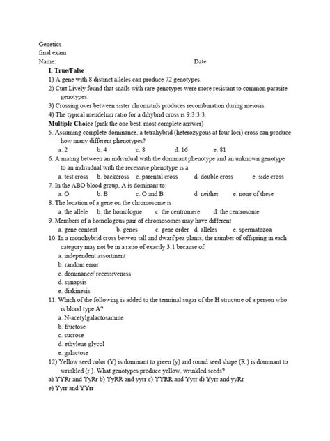 Genetics Exam Pdf Dominance Genetics Meiosis