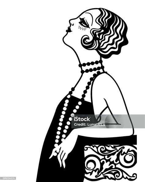 빈티지 플래퍼 소녀 1920 년대 스타일 패션 드레스 금발 머리와 패션 Lond 구슬을 목에 흰색 백그라운드에 고립 된 벡터