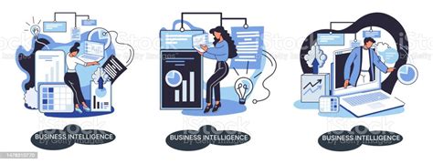 비즈니스 인텔리전스 데이터 분석 전략적 의사 결정을 위한 분석 정보 얻기 It 지원에 대한 스톡 벡터 아트 및 기타 이미지