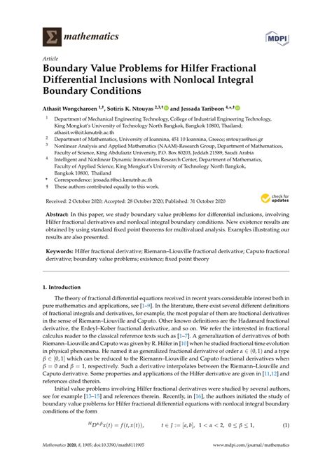Pdf Boundary Value Problems For Hilfer Fractional Differential Inclusions With Nonlocal