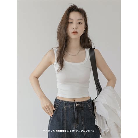 Vnook 吊带背心女内搭夏新款针织弹力方领宽肩带短款露脐外穿上衣虎窝淘