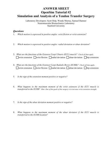 answer sheet opensim tutorial 2 simulation and analysis of a