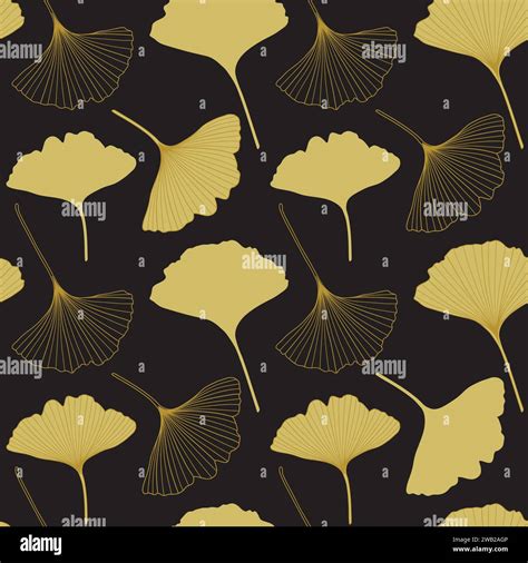 Ginkgo Plant Seamless Pattern Ginkgo Biloba Tree Leaf Outlines Silhouettes Vector