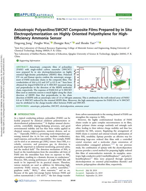 Pdf Anisotropic Polyaniline Swcnt Composite Films Prepared By In Situ Electropolymerization On