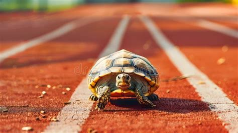 Slow But Steady Tortoise Winning The Race On Red Track Concept Of