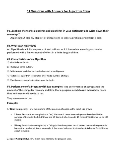 Algorithm 11 Questions And Answers For Exam Pdf Time Complexity Recursion