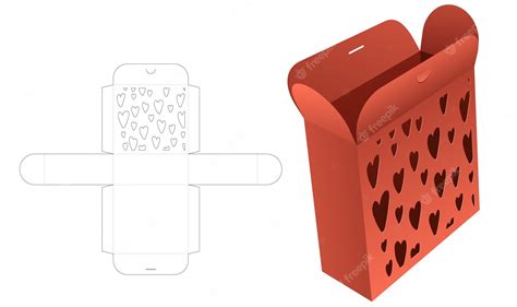 스텐실 하트 패턴 다이 컷 템플릿 및 3d 모형이 있는 판지 뒤집기 상자 프리미엄 벡터