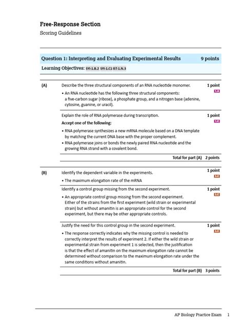 Ap Biology 2020 Practice Exam 1 Frq Scoring Guidelines Pdf Rna Nucleotides