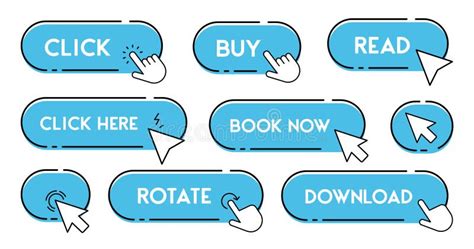 set of blue web buttons with click hand and arrow in a flat design