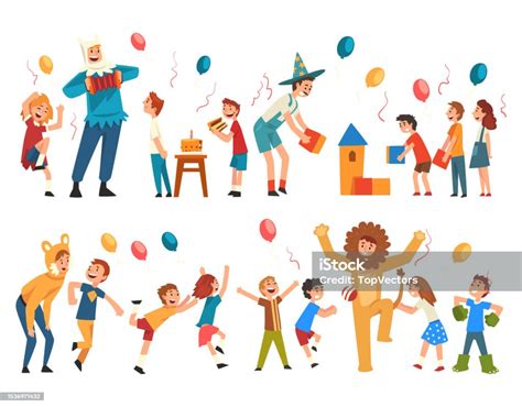 생일 파티에서 애니메이터와 함께 즐거운 시간을 보내는 행복한 소년 소녀들 빅 벡터 세트 Performing Arts Event에 대한 스톡 벡터 아트 및 기타 이미지