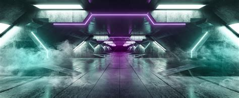 연기 아이스 블루 미래의 삼각형 외계인 우주선 네온 빛나는 어두운 긴 큰 홀 복도 터널 그런 지 콘크리트 반사 타일 바닥 게이츠 빈 공간 3d 렌더링 0명에 대한 스톡 사진