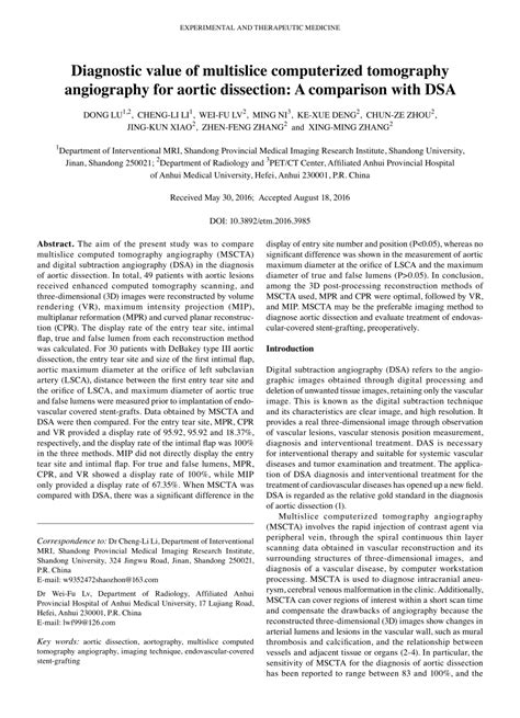 Pdf Diagnostic Value Of Multislice Computerized Tomography Angiography For Aortic Dissection