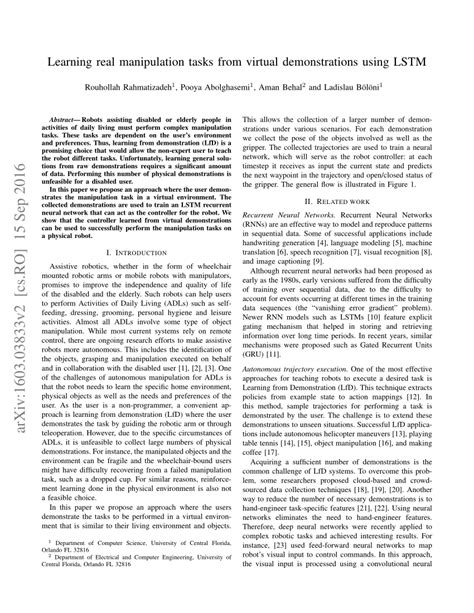 Pdf Learning Manipulation Trajectories Using Recurrent Neural Networks