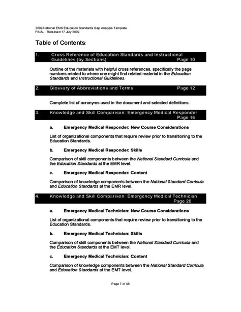 2009 National Ems Education Standards Gap Analysis Template Free Download