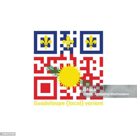Qr 코드는 과들루프 지역 국기의 색상 노란 태양과 녹색 사탕수수와 빨간색 필드 상단에 노란색 플 뢰 르 드 리스와 블루 스트라이프를 설정 합니다 0명에 대한 스톡 벡터