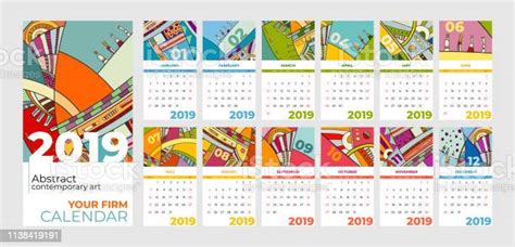 2019 달력 추상 현대 미술 벡터 세트입니다 책상 스크린 데스크탑 월 2019 다채로운 2019 달력 템플릿 의제 패턴 환각 스케치 달력 일 플래너 12 개월 페이지를