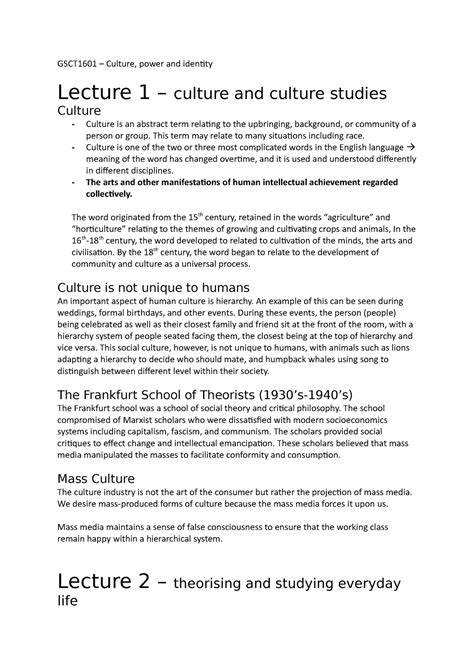 GSCT GCST Lecture Notes GSCT Culture Power And Identity Lecture Culture And
