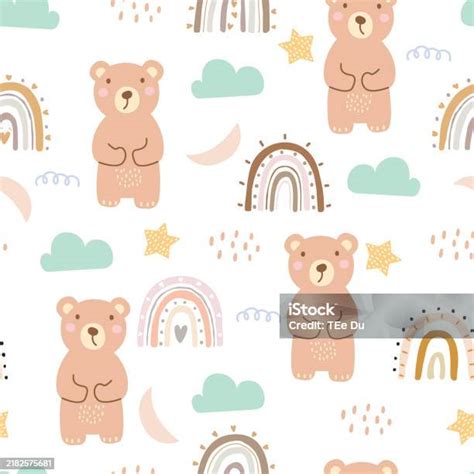 귀여운 캐릭터가 있는 보육원 완벽 한 패턴 곰과 무지개 만화 스타일 신생아 의류 섬유 및 벽지 디자인 0명에 대한 스톡 벡터 아트 및 기타 이미지 Istock