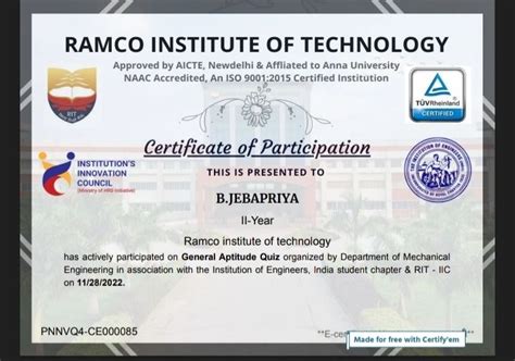 jeba priya on linkedin event participation at ramco institute of technology