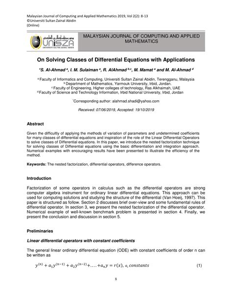 Pdf Malaysian Journal Of Computing And Applied Mathematics On Solving Classes Of Differential
