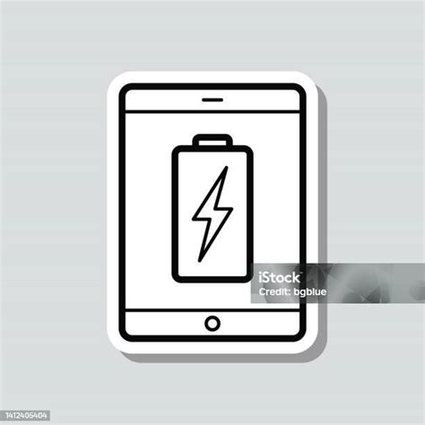 배터리 충전 기호가있는 태블릿 Pc 회색 배경에 아이콘 스티커 3차원 형태에 대한 스톡 벡터 아트 및 기타 이미지 3차원