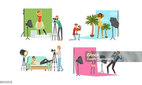 사진 스튜디오 컬렉션 전문 장비 벡터 일러스트와 함께 사진을 위해 포즈를 취하는 모델의 사진을 찍는 남성 사진 작가 남자에 대한