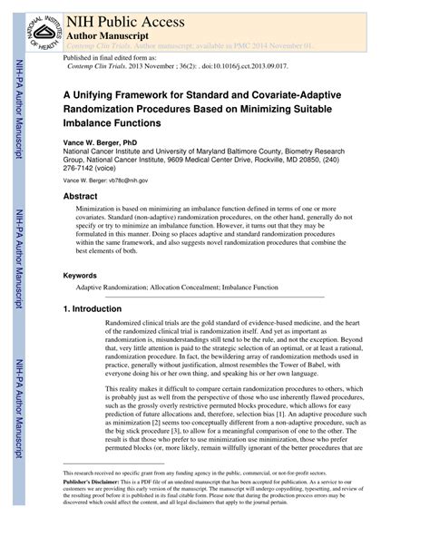 Pdf A Unifying Framework For Standard And Covariate Adaptive Randomization Procedures Based On
