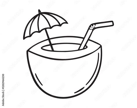 Coconut Cocktail With Umbrella And Straw Doodle Hand Drawn Icon