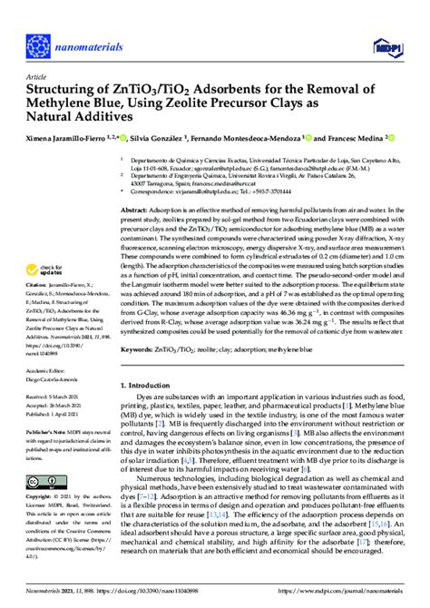 Pdf Structuring Of Zntio3 Tio2 Adsorbents For The Removal Of Methylene Blue Using Zeolite