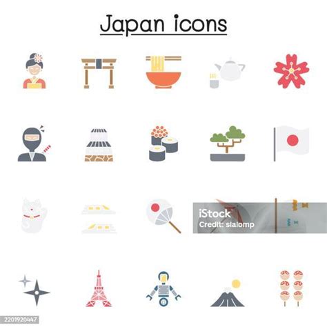 일본 관련 벡터 아이콘 집합의 집합입니다 스시 기모노 닌자 성 후지산 분재 게이샤 등과 같은 아이콘이 플랫 컬러 스타일로 포함되어 있습니다 게이샤에 대한 스톡 벡터 아트 및