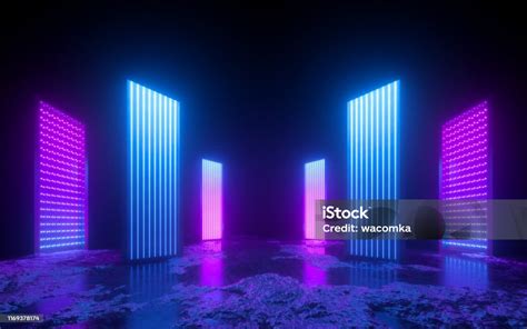 3d 렌더링 핑크 블루 네온 추상 배경 자외선 미래 발전 기술 지형에서 빛나는 수직 패널 문에 대한 스톡 사진 및 기타 이미지 Istock