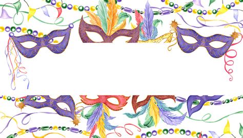 카니발 마스크 화려한 깃털 구슬 깃발 화환 리본 수평 프레임 절연 배경 휴일 Mardi Gras 액세서리 그림 와 텍스트에 대한 복사 공간 초대장의 경우 Mardi Gras