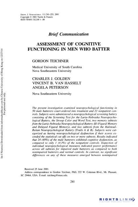 Pdf Assessment Of Cognitive Functioning In Men Who Batter