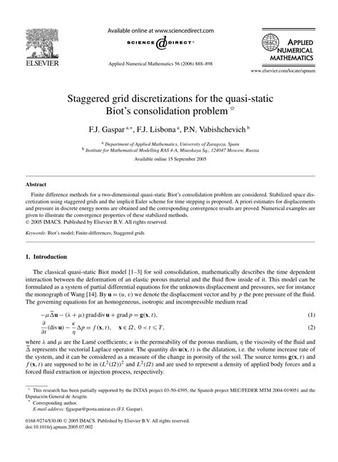 Pdf Staggered Grid Discretizations For The Quasi Static Biots Consolidation Problem