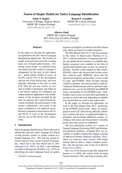 Pdf Fusion Of Simple Models For Native Language Identification