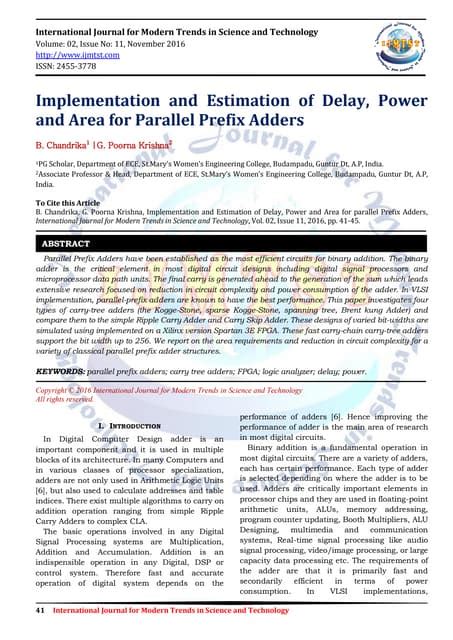 Implementation And Estimation Of Delay Power And Area For Parallel Prefix Adders Pdf