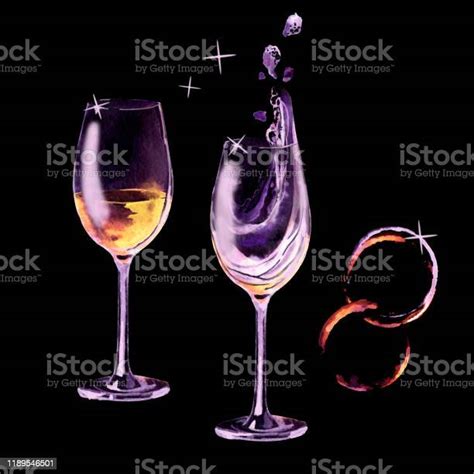 음료와 유리 유리 와인 유리의 파도 카페 메뉴 레스토랑 배너 배경의 디자인을 위해 검은 색 배경에 고립 된 손으로 그린 수채화 그림 검은색에 대한 스톡 벡터 아트 및 기타