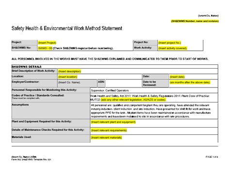 Form Safe Work Method Statement Template Word